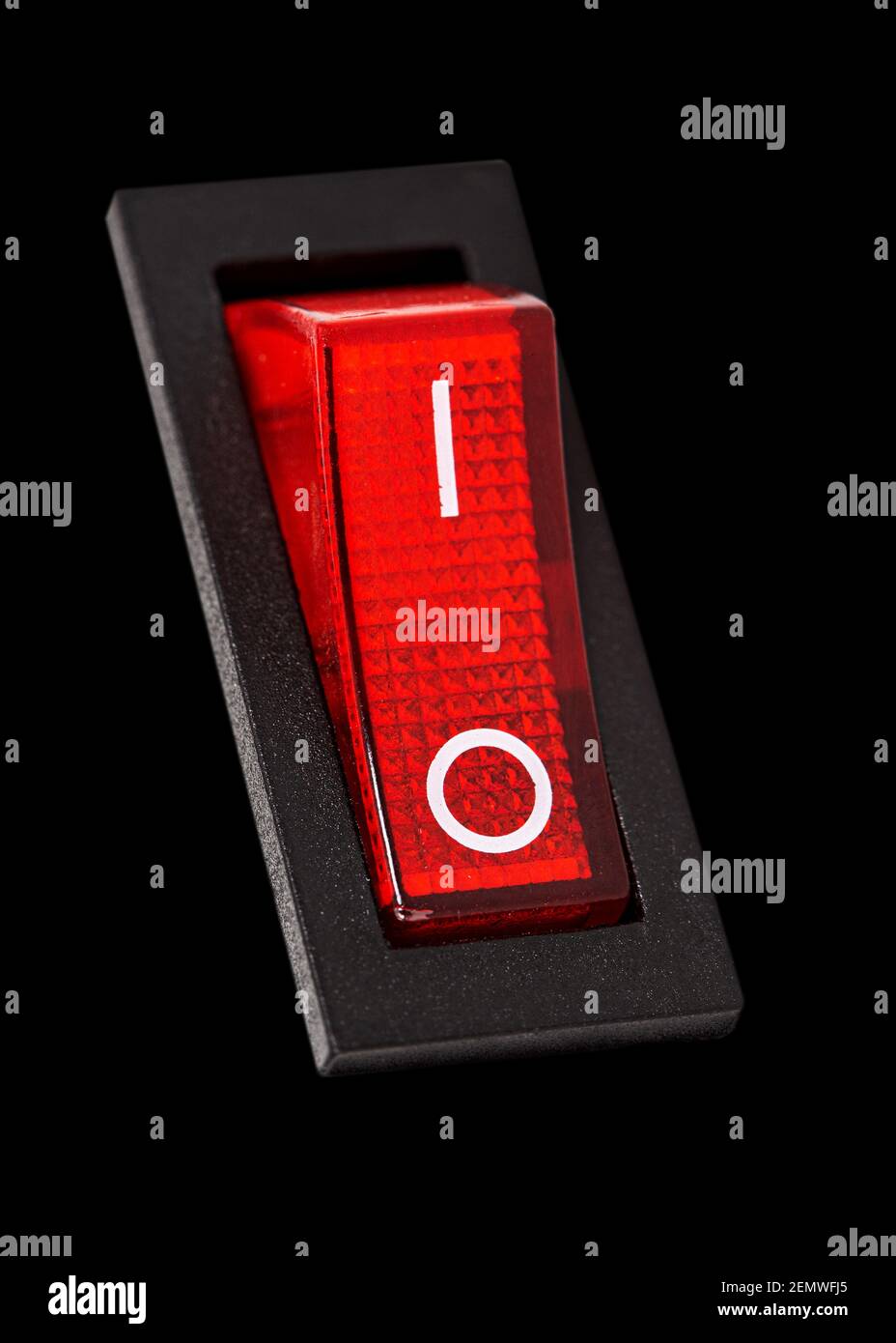 Red power switch at OF position, isolated on black background Stock ...