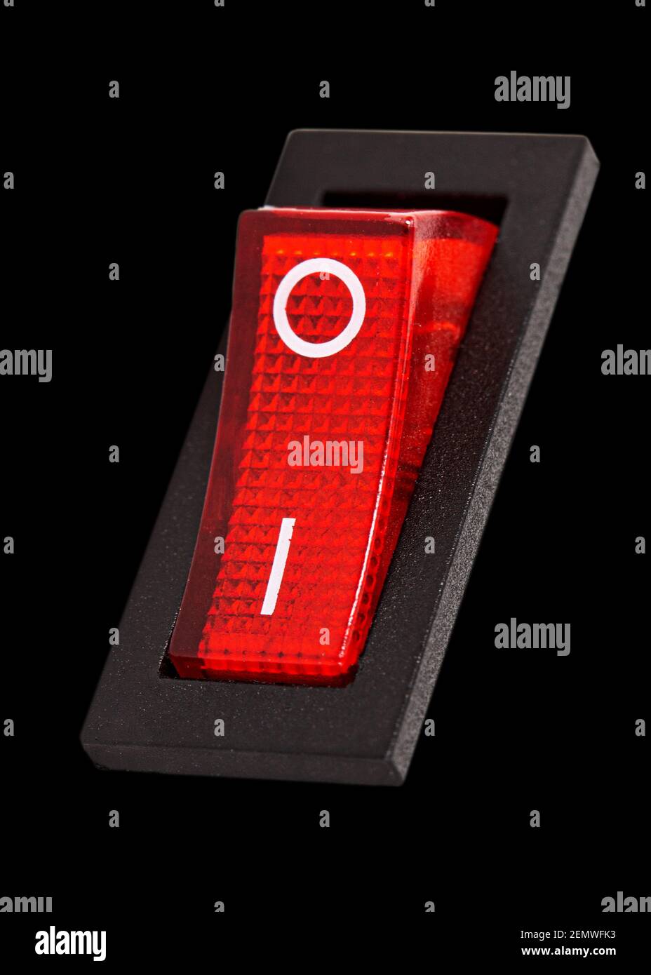 Red power switch at ON position, isolated on black background Stock ...