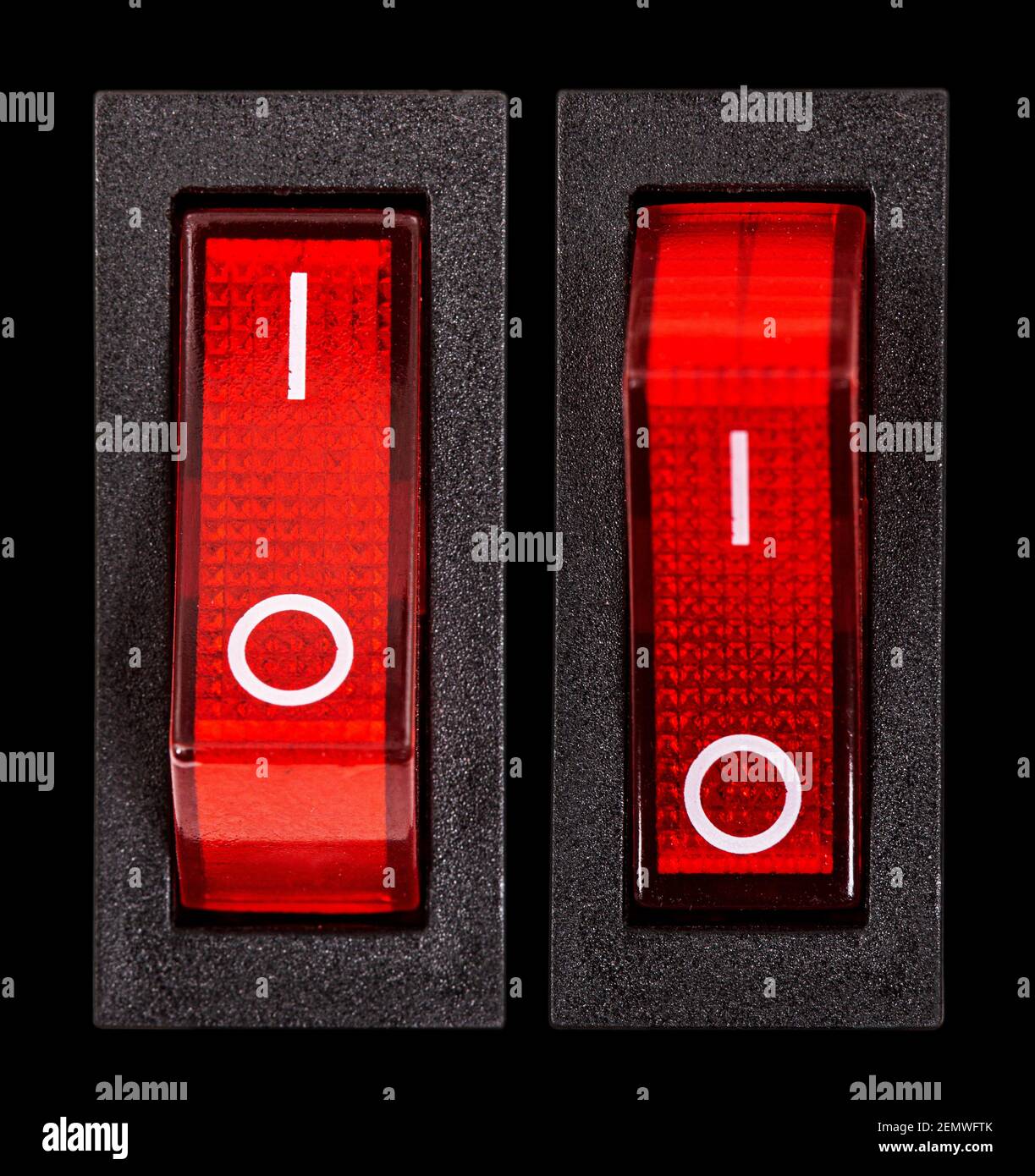 Red power switches at ON and OF position, isolated on black background ...