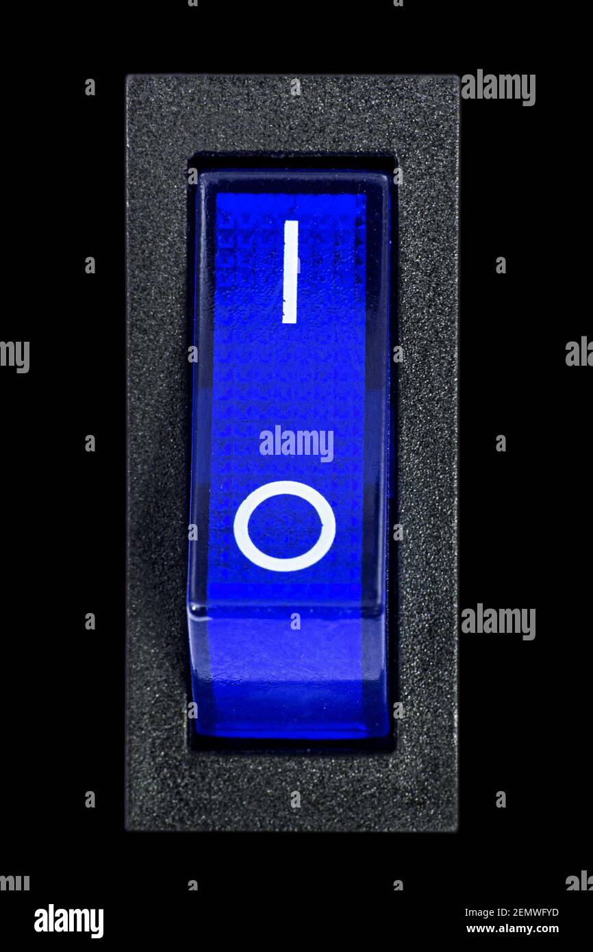 Blue power switch at ON position, isolated on black background Stock ...