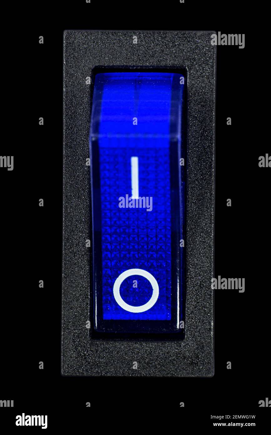 Blue power switch at OF position, isolated on black background Stock ...