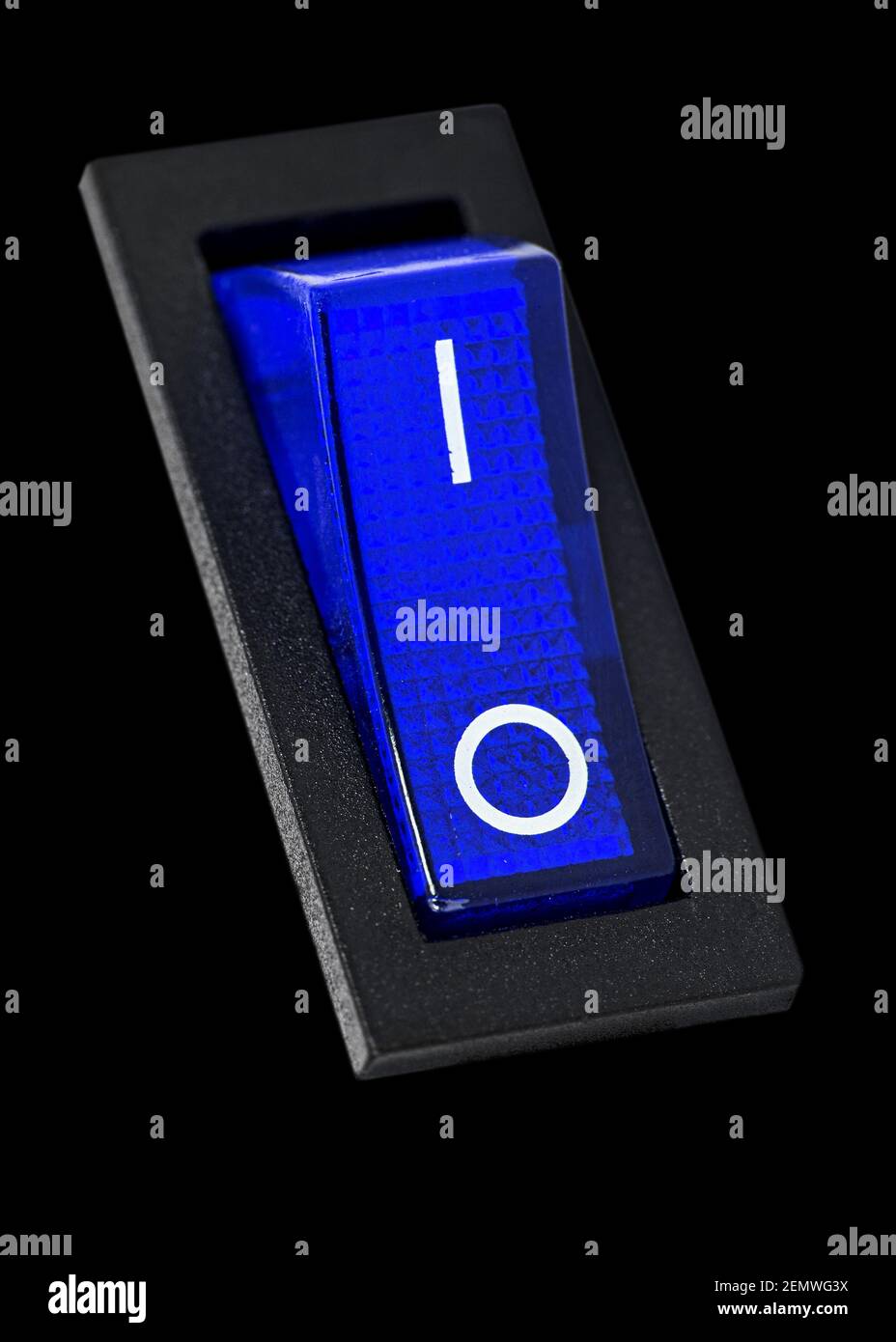 Blue power switch at OF position, isolated on black background Stock ...