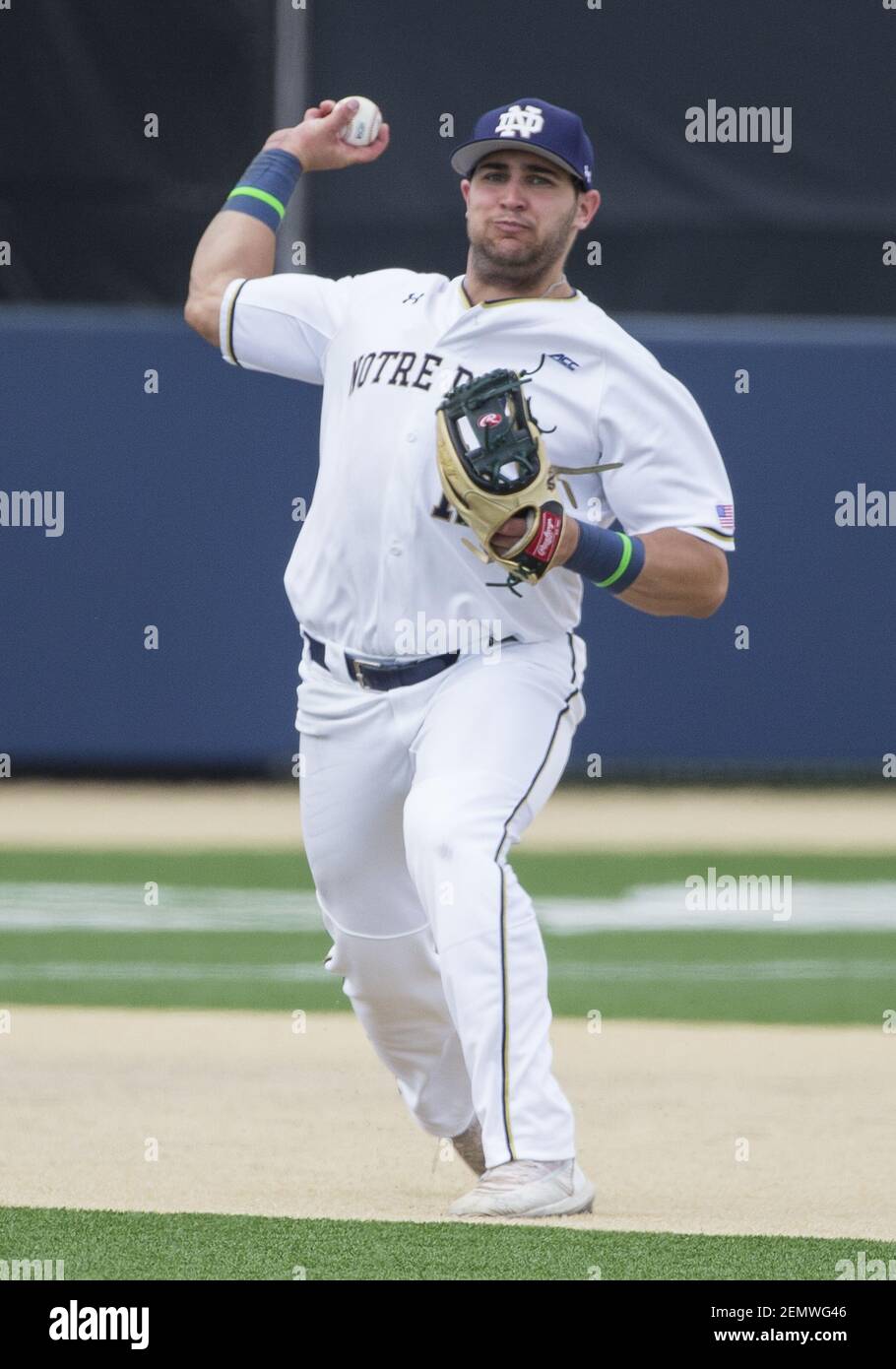 April 06, 2019: Notre Dame infielder Niko Kavadas (12) throws the ball ...