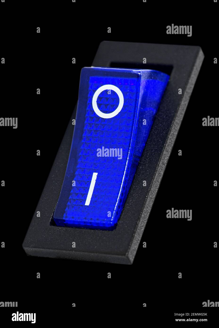 Blue power switch at ON position, isolated on black background Stock ...