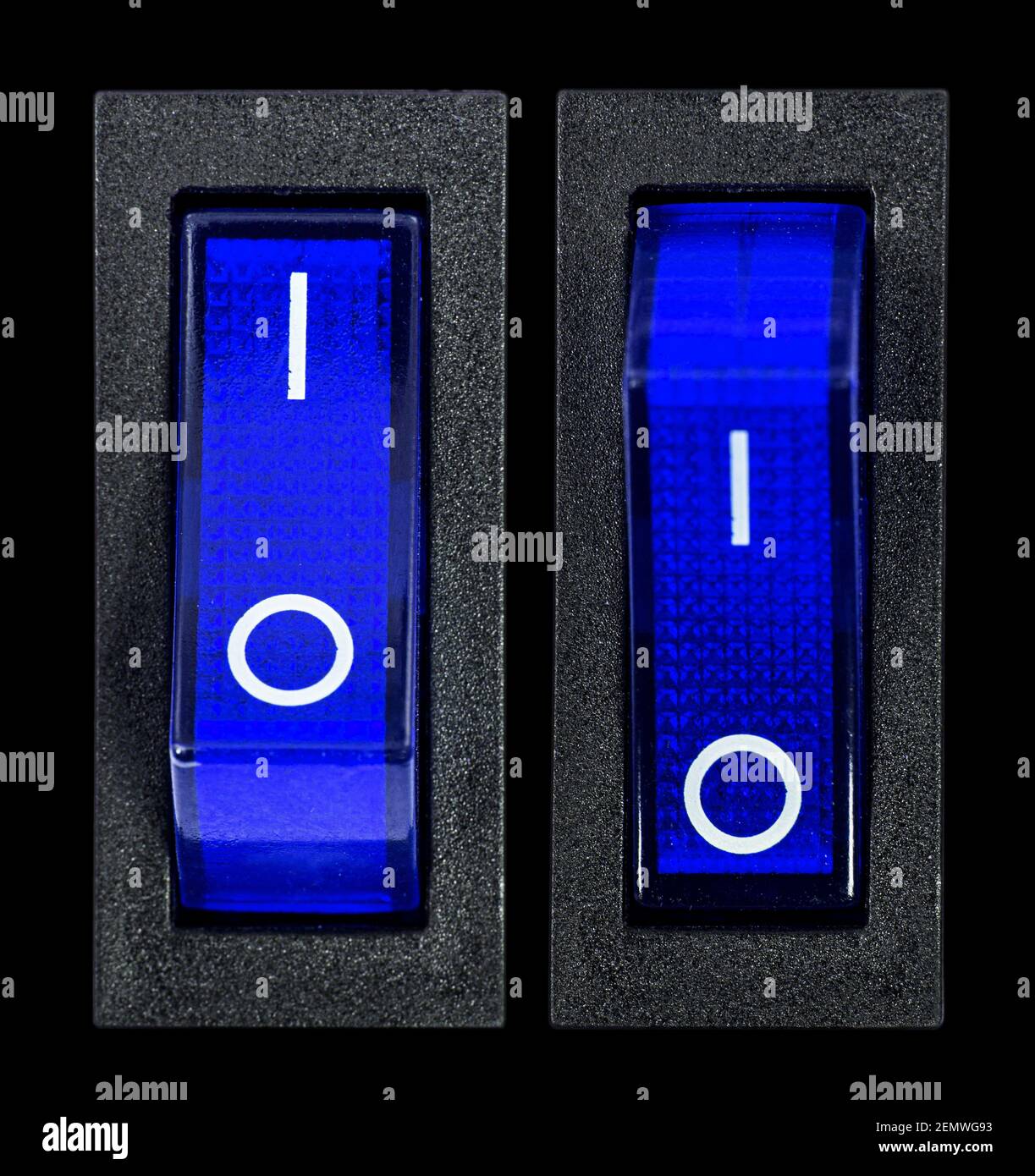 Blue power switches at ON and OF position, isolated on black background ...