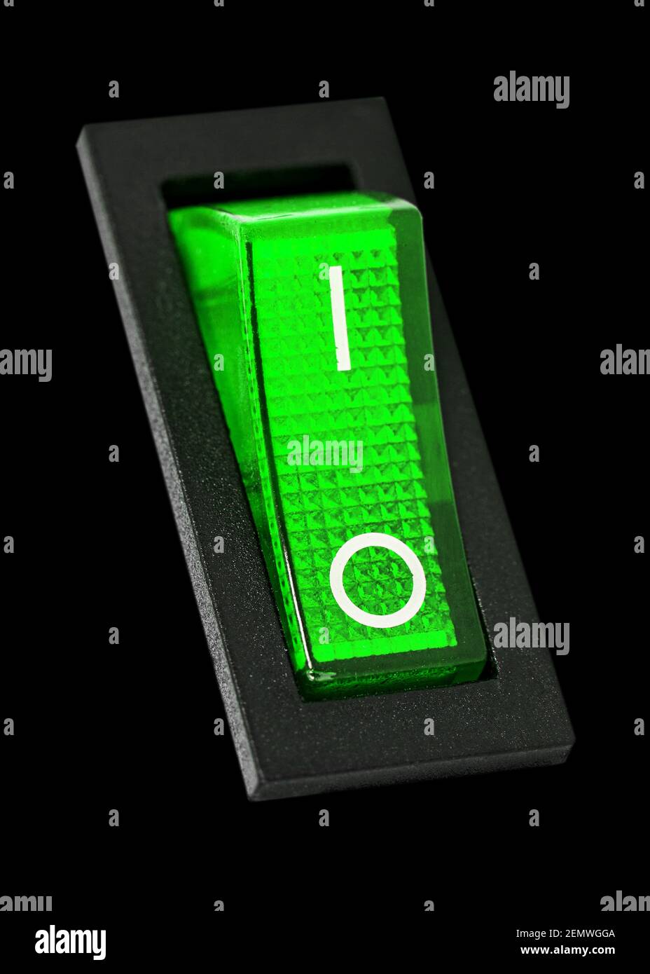 Green power switch at OF position, isolated on black background Stock ...