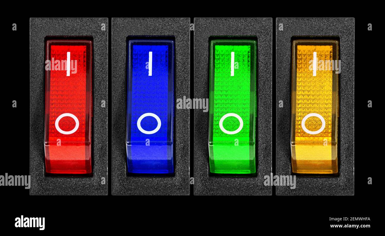 Red, blue, green and yellow power switches at ON position, isolated on ...