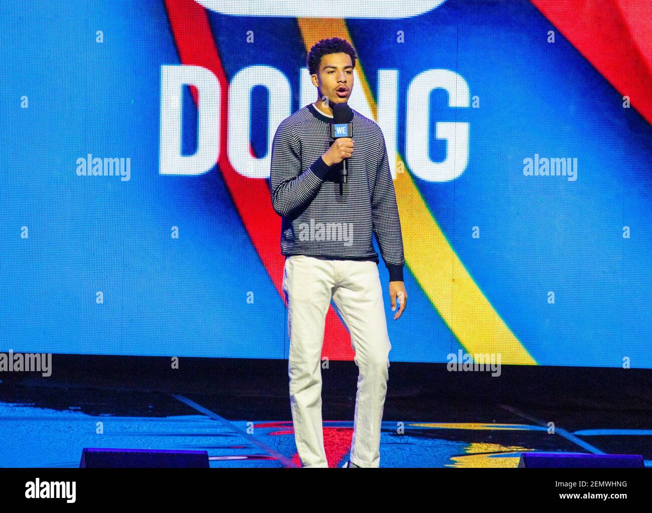 TACOMA, WA - APRIL 18: Actor Marcus Scribner speaks during WE Day ...