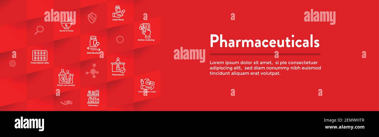 Pharmaceuticals & medications icon set with web header banner Stock ...