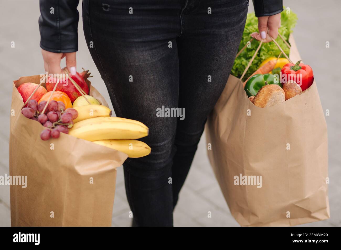 Groceries from a supermarket in a eco craft package. Food delivery ...