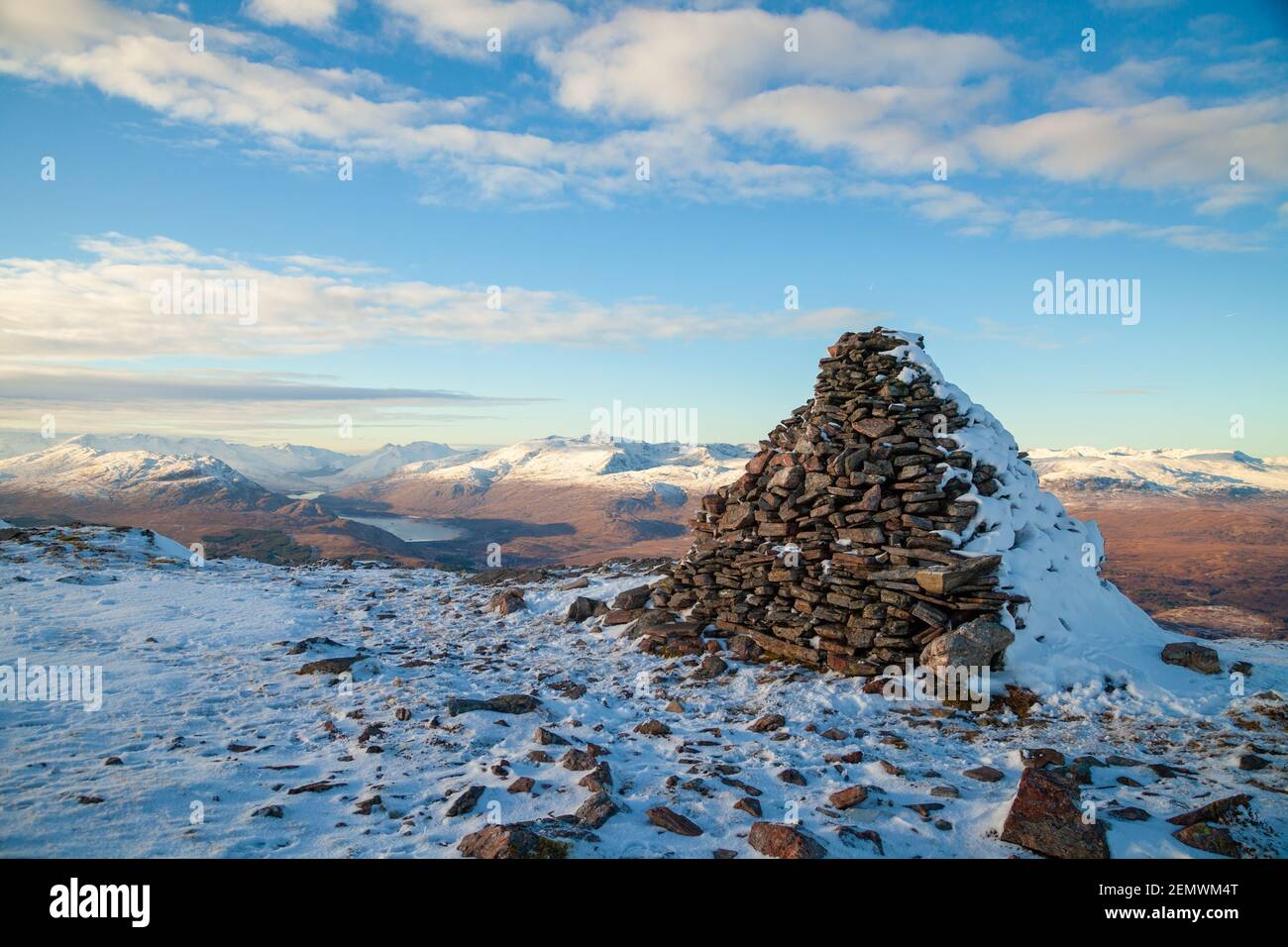 The massive summit cairn on the Corbett Meall Dubh, Northwest Highlands ...