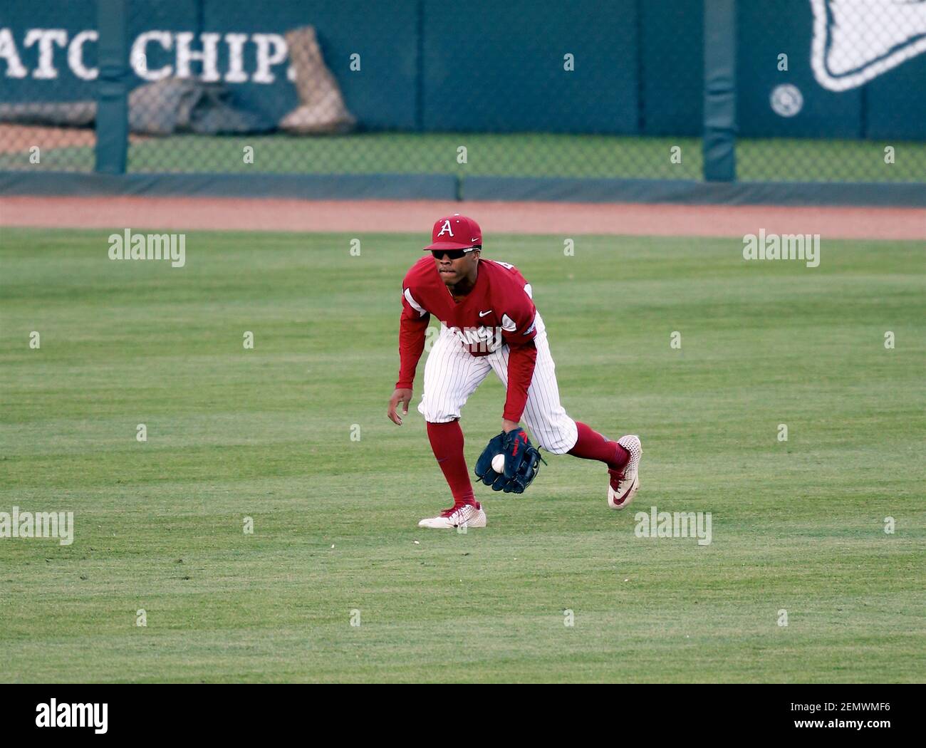 Apr 19, 2019: Arkansas left fielder Christian Franklin #25 scoops up a ...
