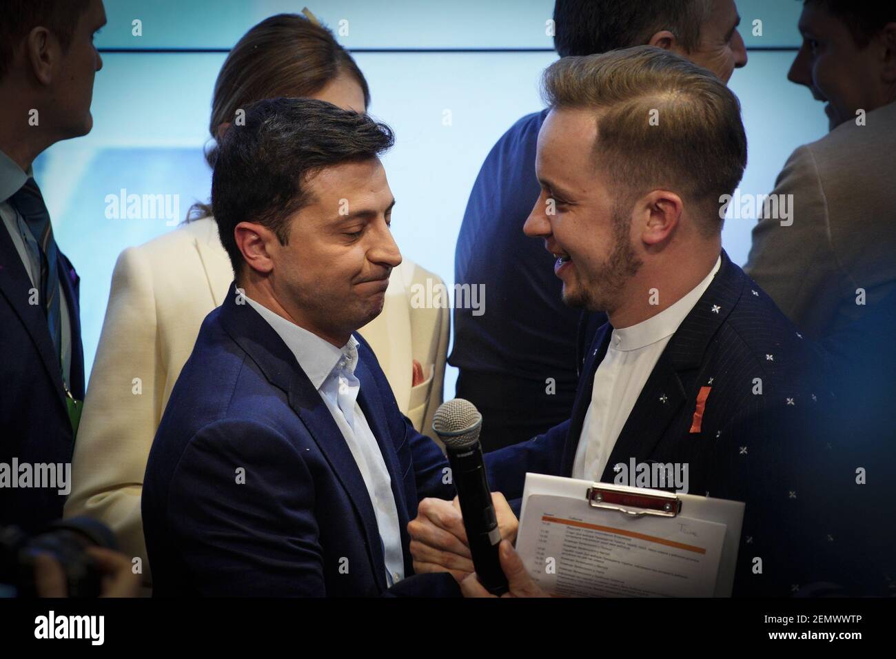Comedian Volodymyr Zelensky is seen celebrating the announcement of the ...