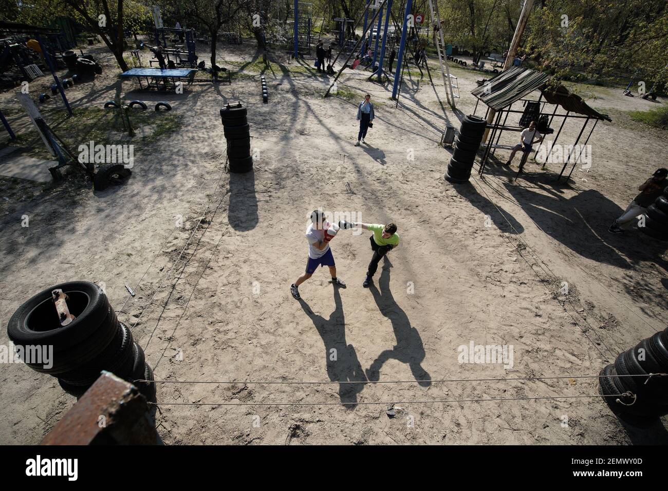in Kyiv, Ukraine on April 20, 2019. The Kachalka outdoor gym at the ...