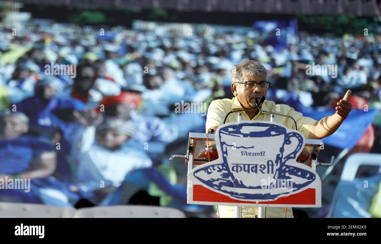 PUNE, INDIA - APRIL 21: Dalit leader Prakash Ambedkar addresses an election campaign rally in ...
