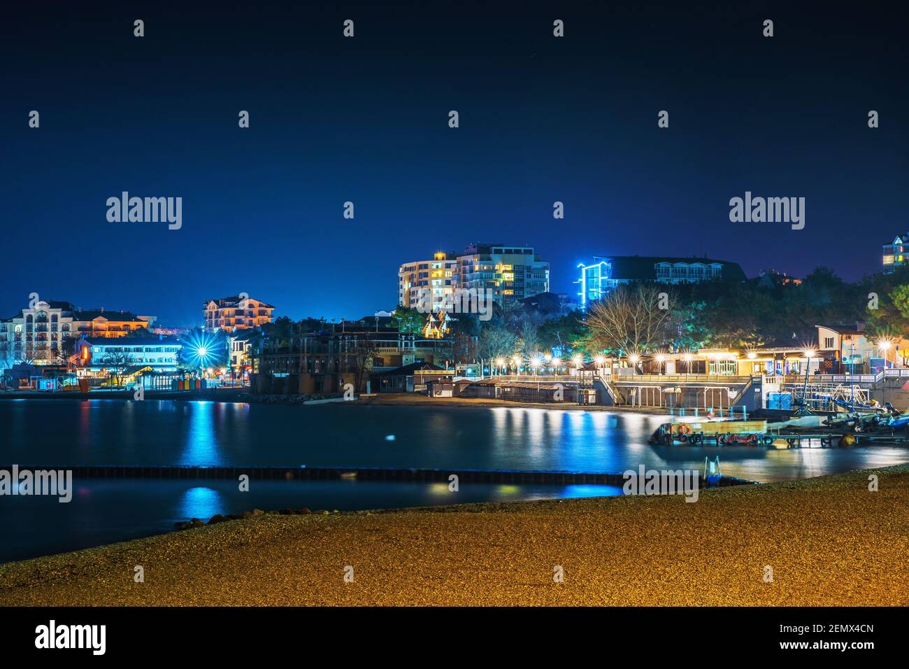 Gelendzhik sea resort beach coastline at night with illuminated modern ...