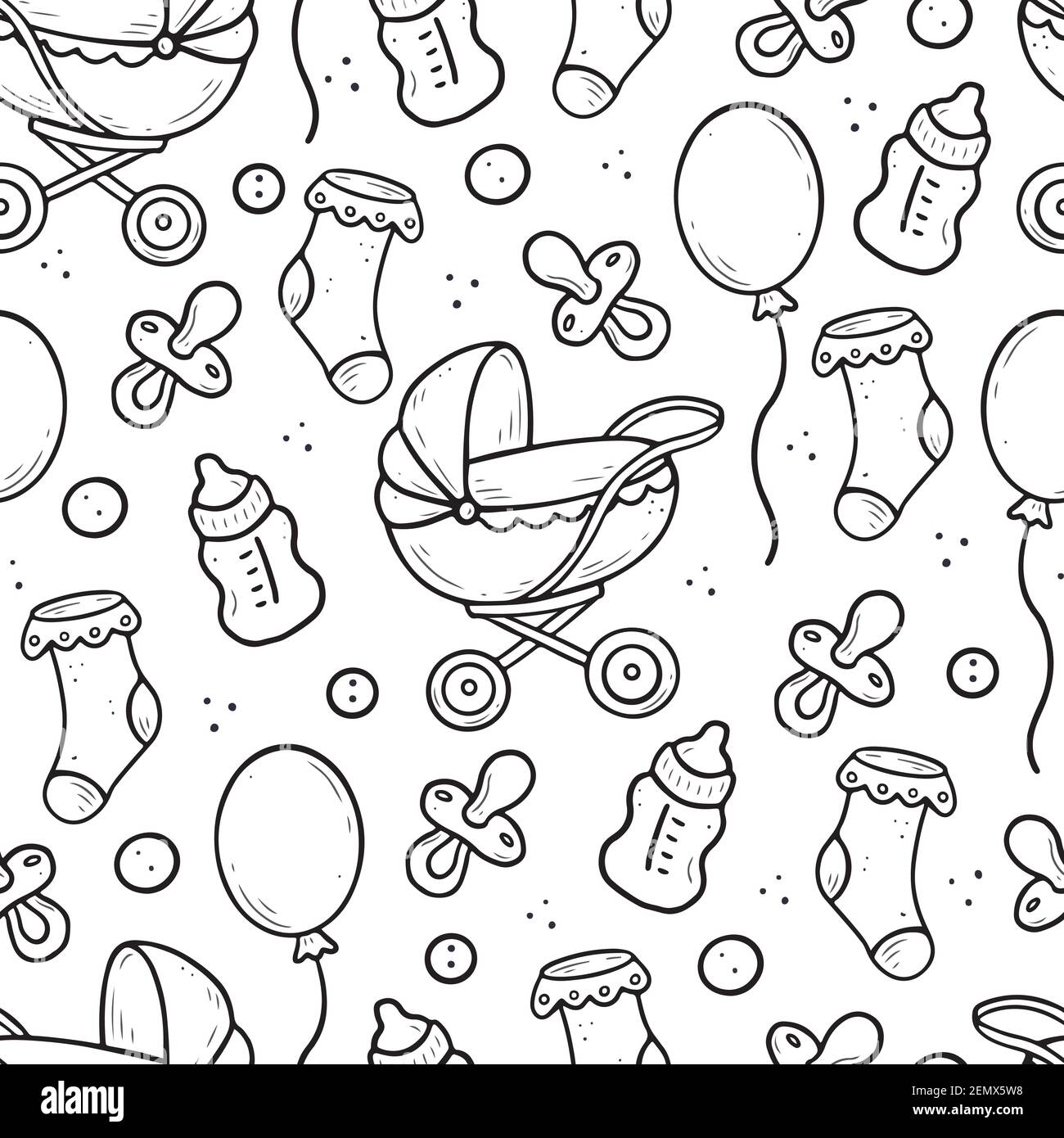 Hand drawn seamless pattern of baby shower elements, toy, ball, milk ...