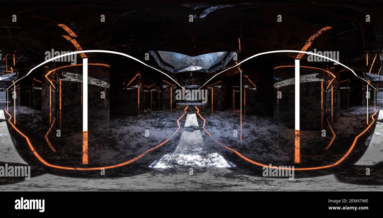 360 panorama view of futuristic black dark industrial style building ...