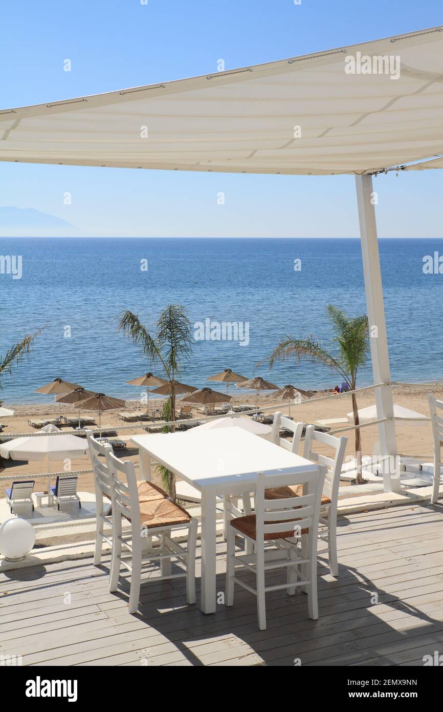 Typical greek tavern - cafe on balcony, by the mediterranean sea Stock ...