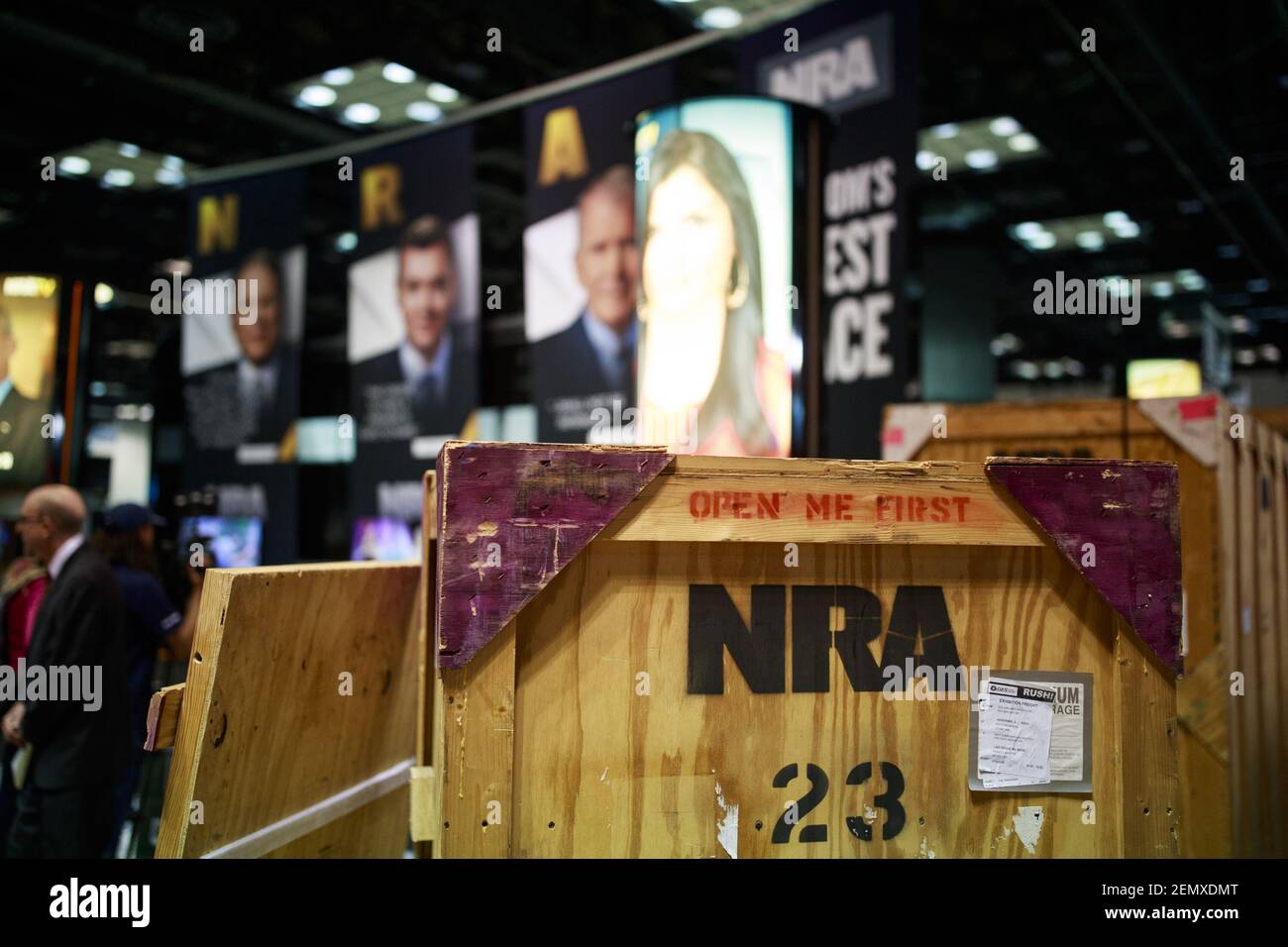 A wooden crate is marked NRA at the NRA convention. Vendors prepare ...