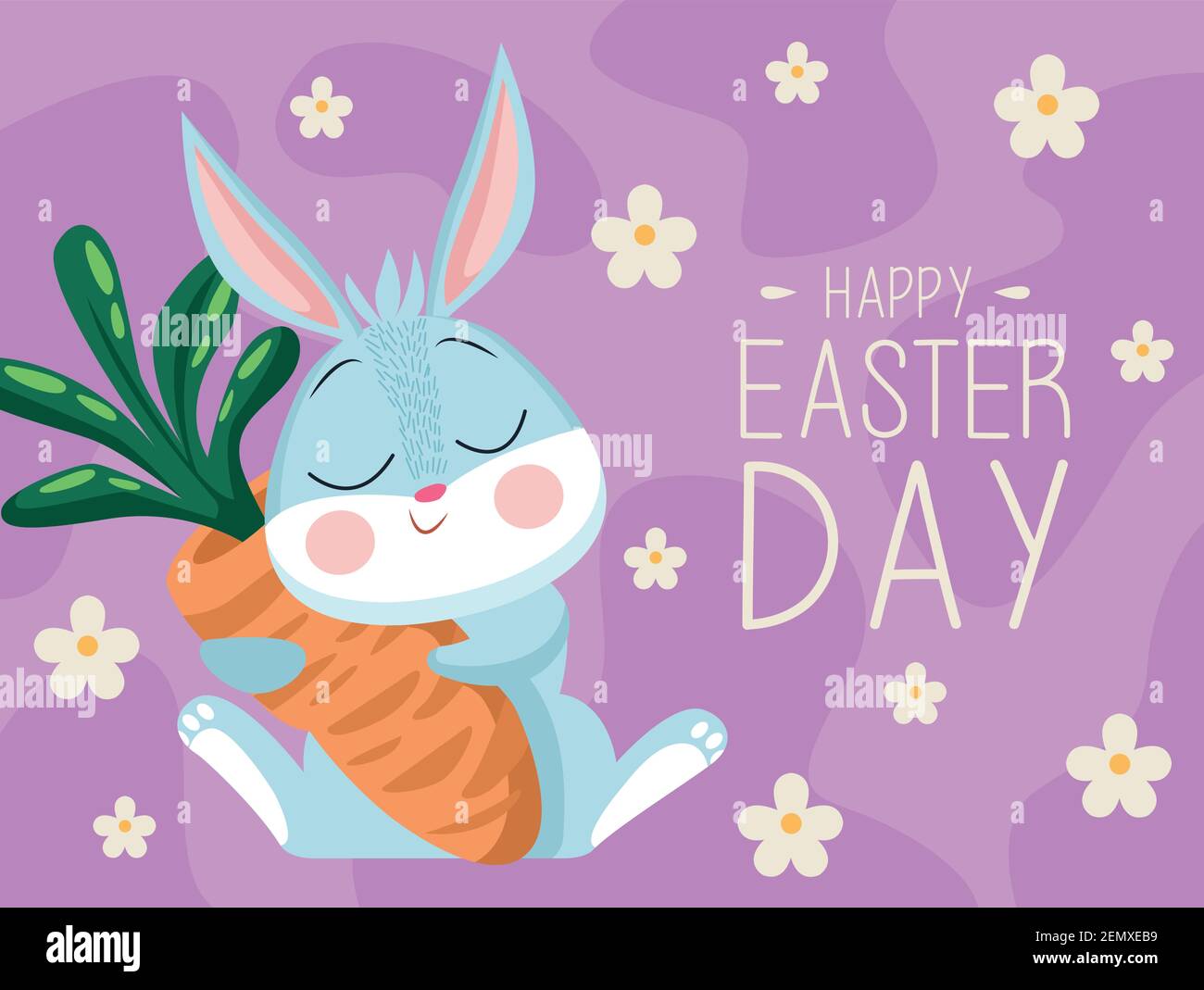 happy easter lettering card with cute rabbit hugging carrot vector ...