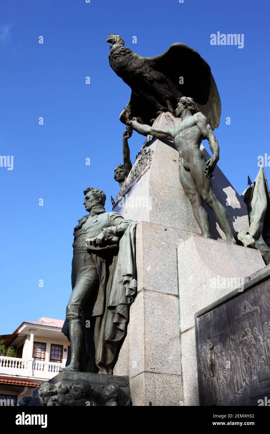 Statue of Simon Bolivar (L) and Andean condor on Bolivar monument ...