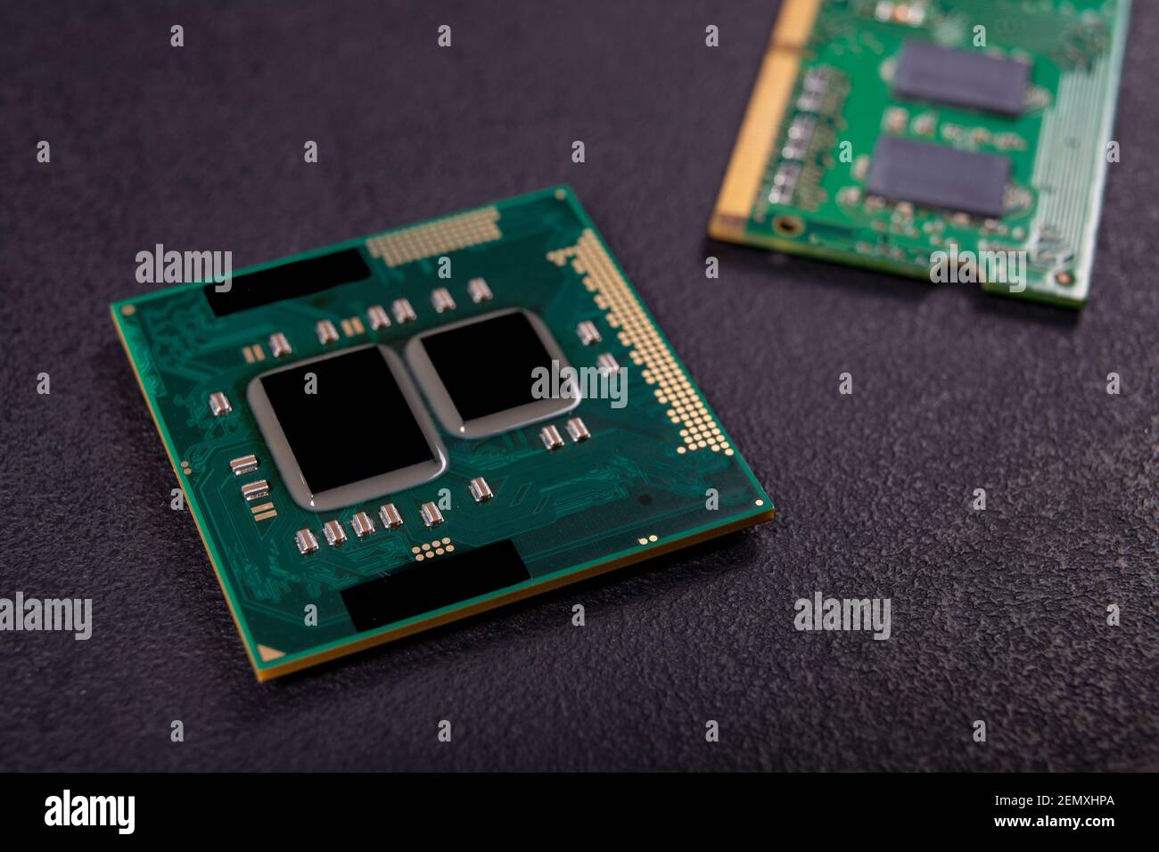 Computer processor, RAM and other accessories on the table. Spare parts ...