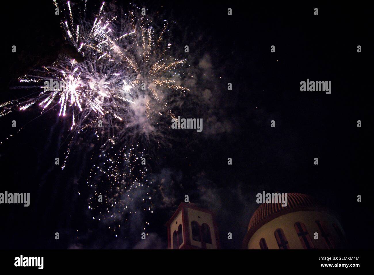 Fireworks seen during the celebration. People in Chania gathered to ...