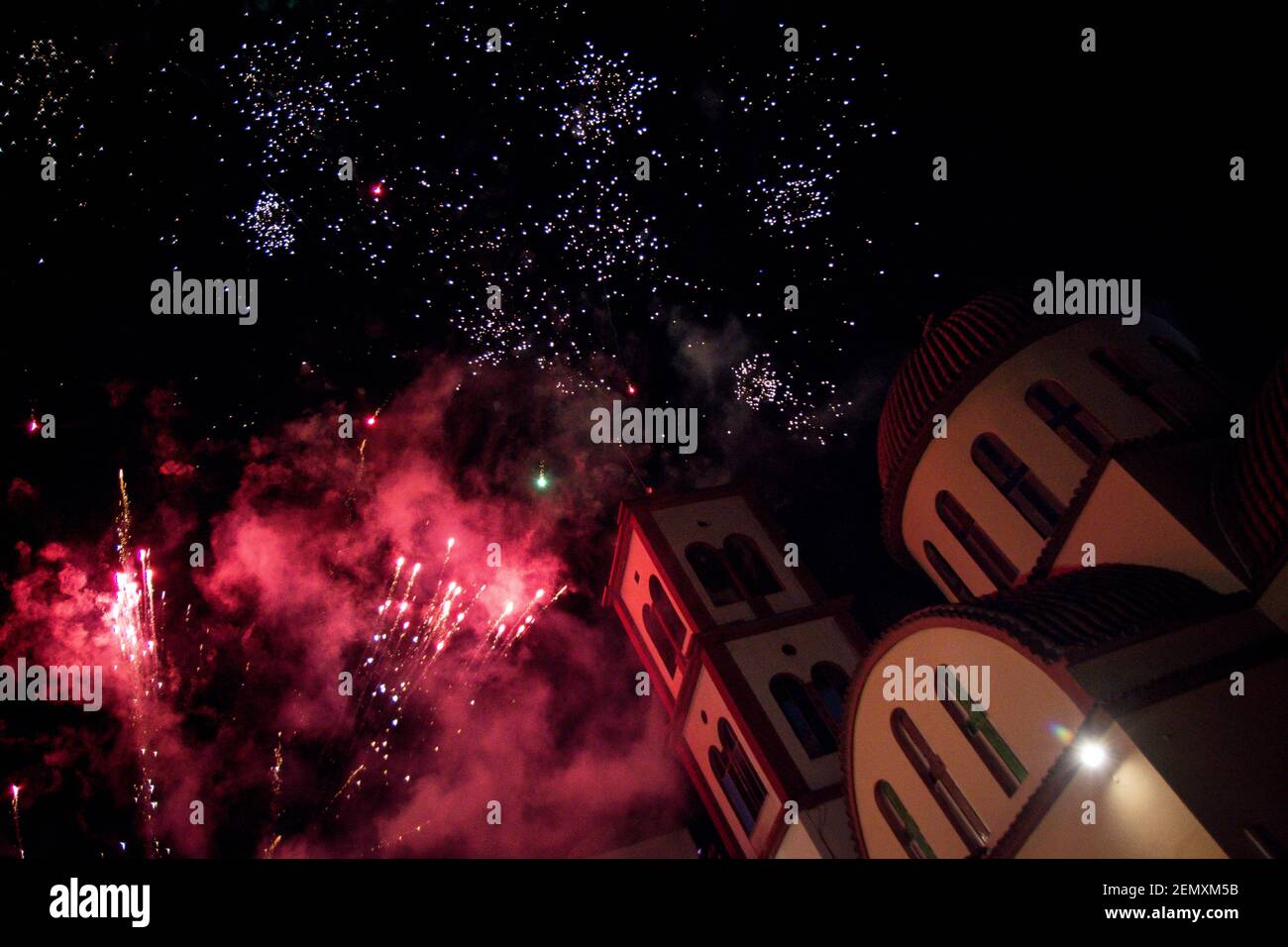 Fireworks seen during the celebration. People in Chania gathered to ...