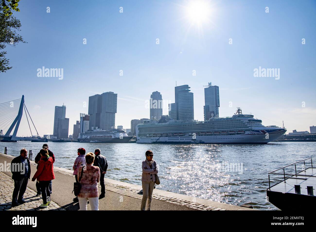 Two cruise ships at Wilhelminakade on Apr. 29, 2019 in Rotterdam, The ...