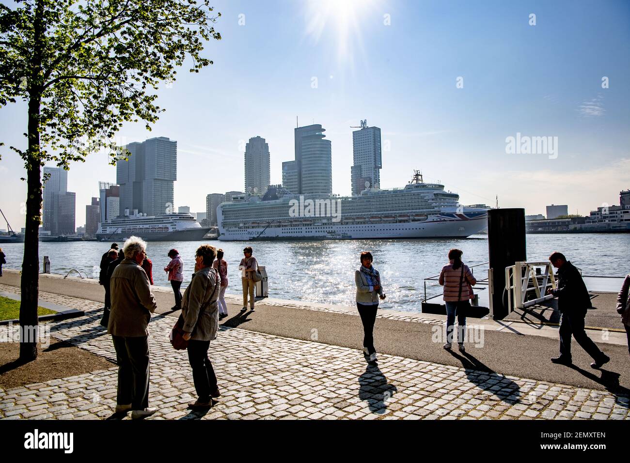 Two cruise ships at Wilhelminakade on Apr. 29, 2019 in Rotterdam, The ...