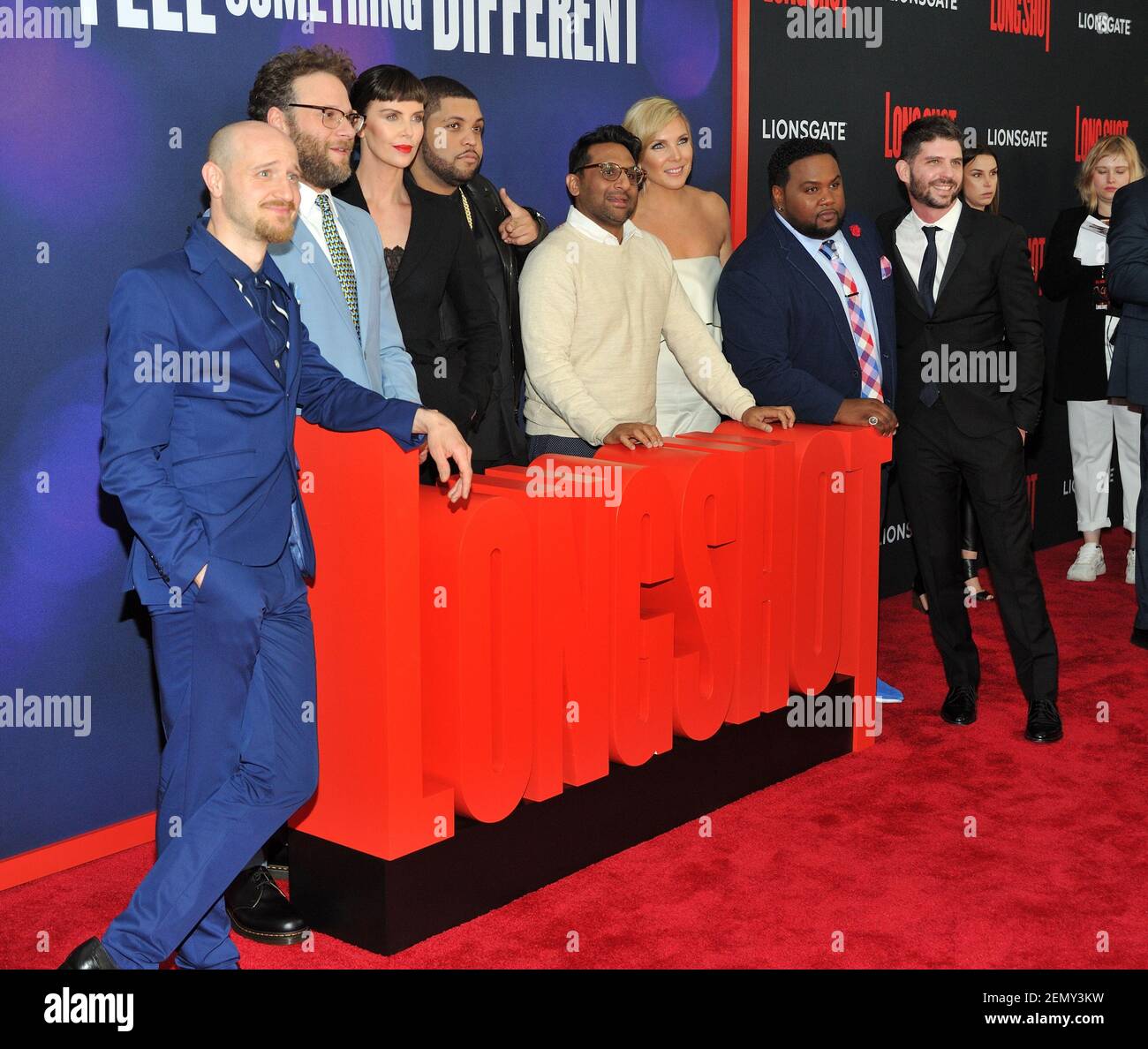 Cast of Long Shot, L-R: Anton Koval, Seth Rogen, Charlize Theron, O'Shea Jackson, Ravi Patel ...
