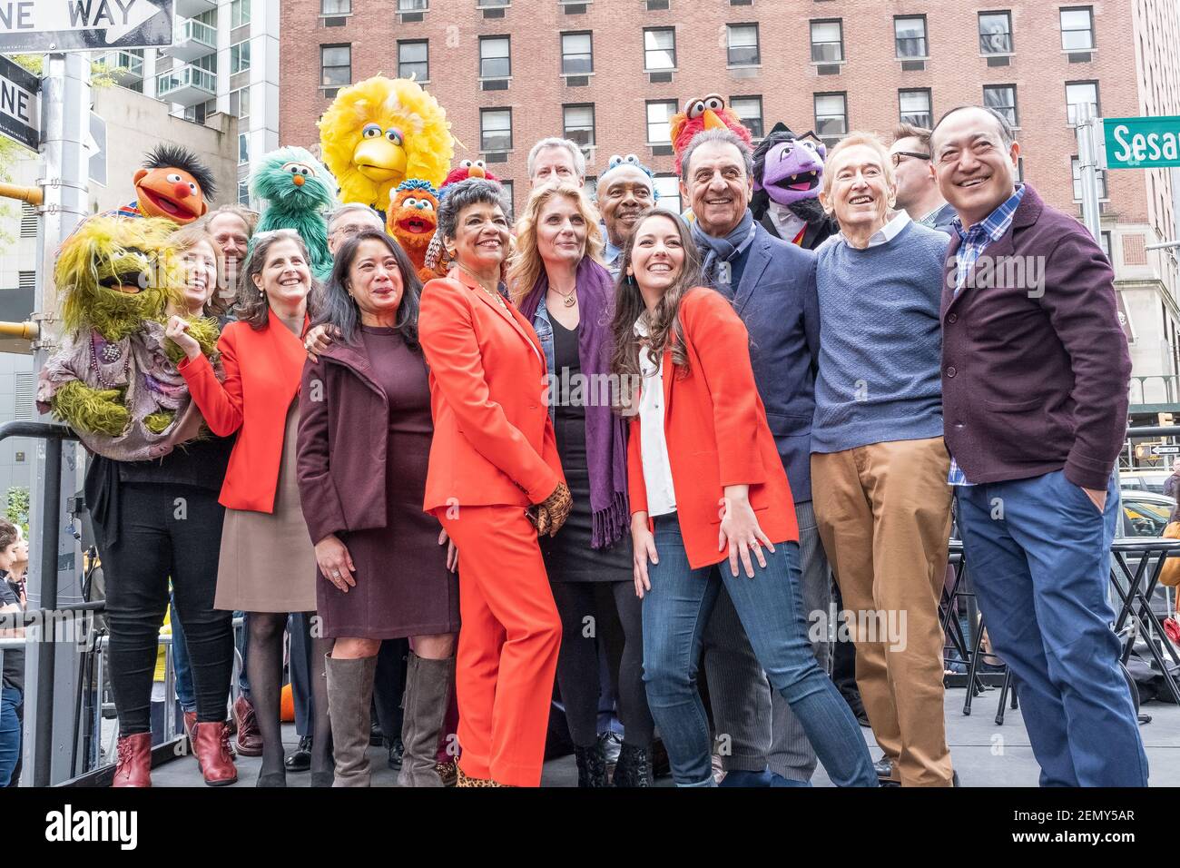 Cast and crew of Sesame Street are seen is seen during a ceremony to ...