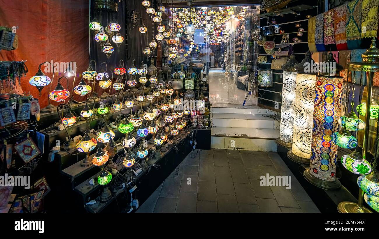 Variety of colorful Arabic spices and herbs on the arab street market ...