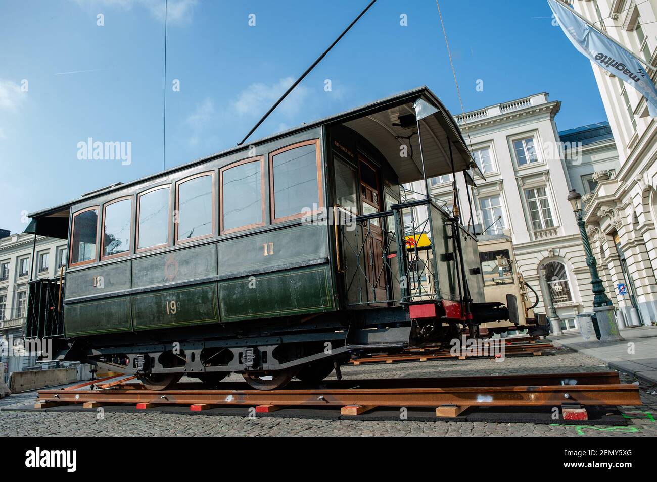 A historical tram is on display before the Great parade of historical ...