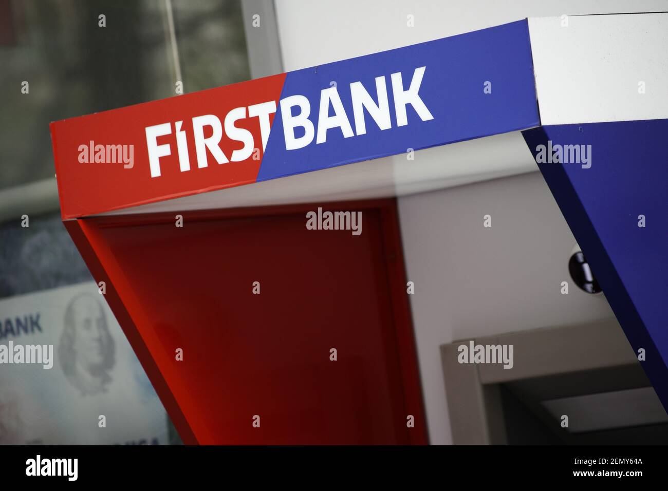A Firstbank ATM is seen in Bucharest, Romania on May 1, 2019 Stock ...