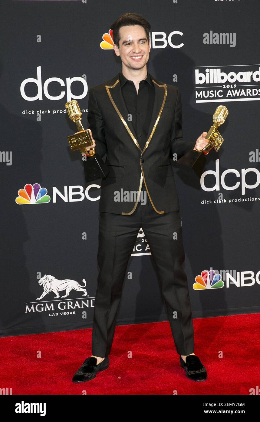 Brendon Urie of Panic! at the Disco poses with his awards at the 2019 Billboard Music Awards ...