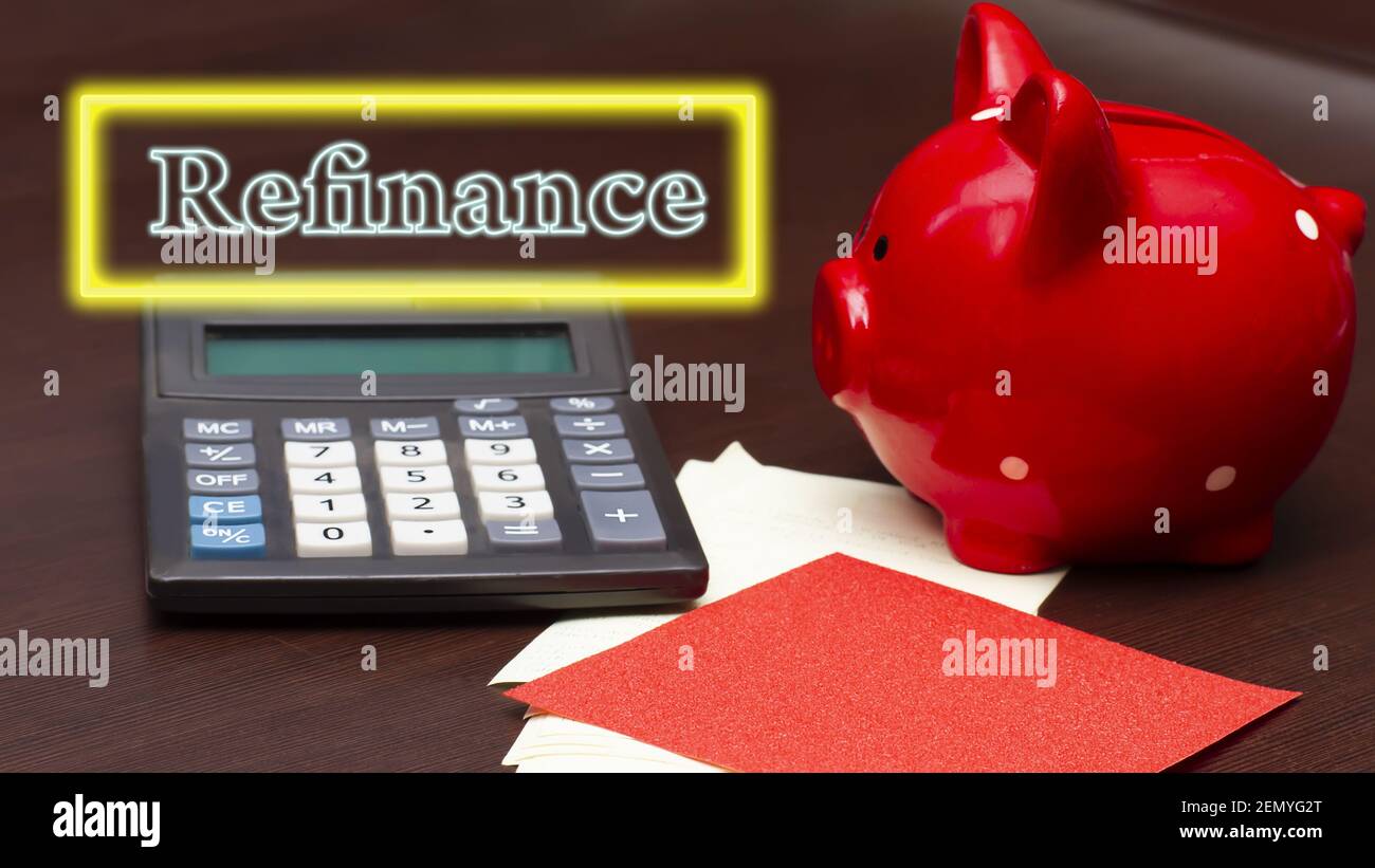 REFINANCE text in a glowing neon frame on a desktop background with a ...