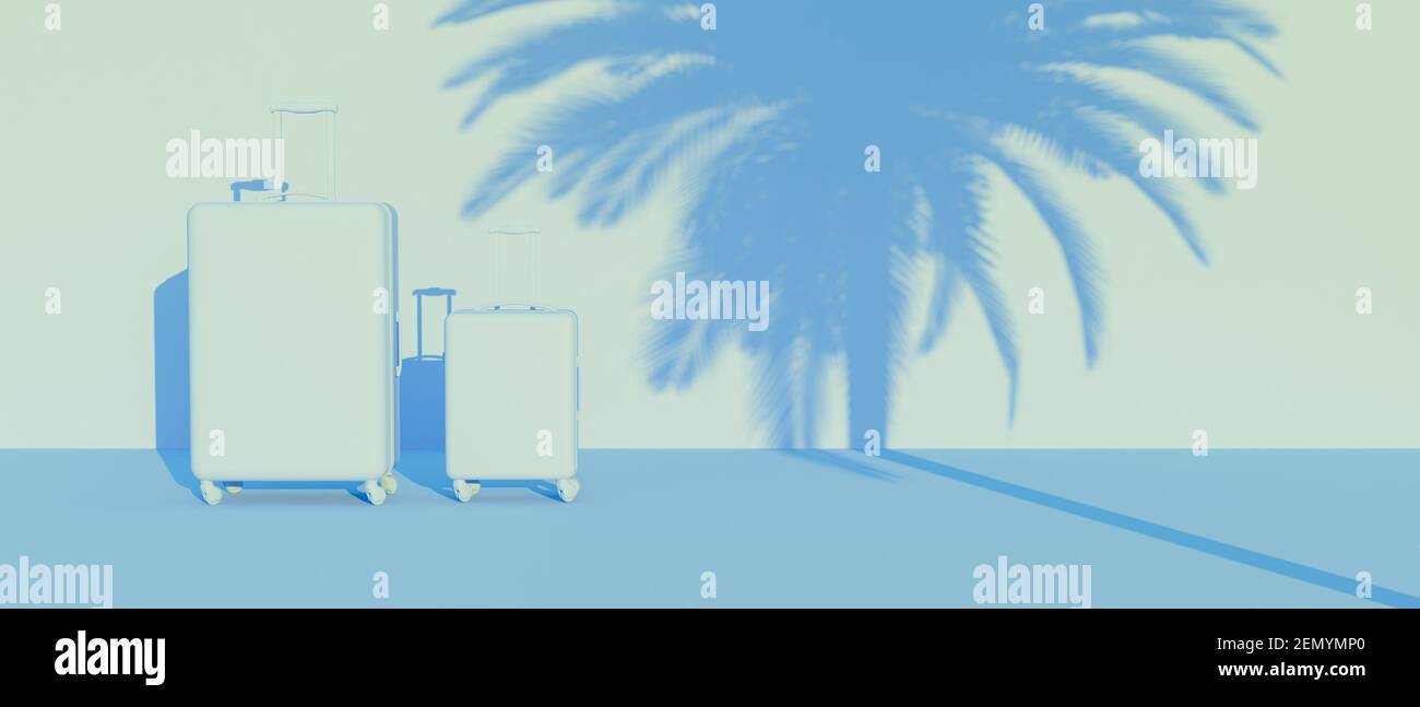 blue monochromatic scene with two suitcases and a palm tree shadow on ...