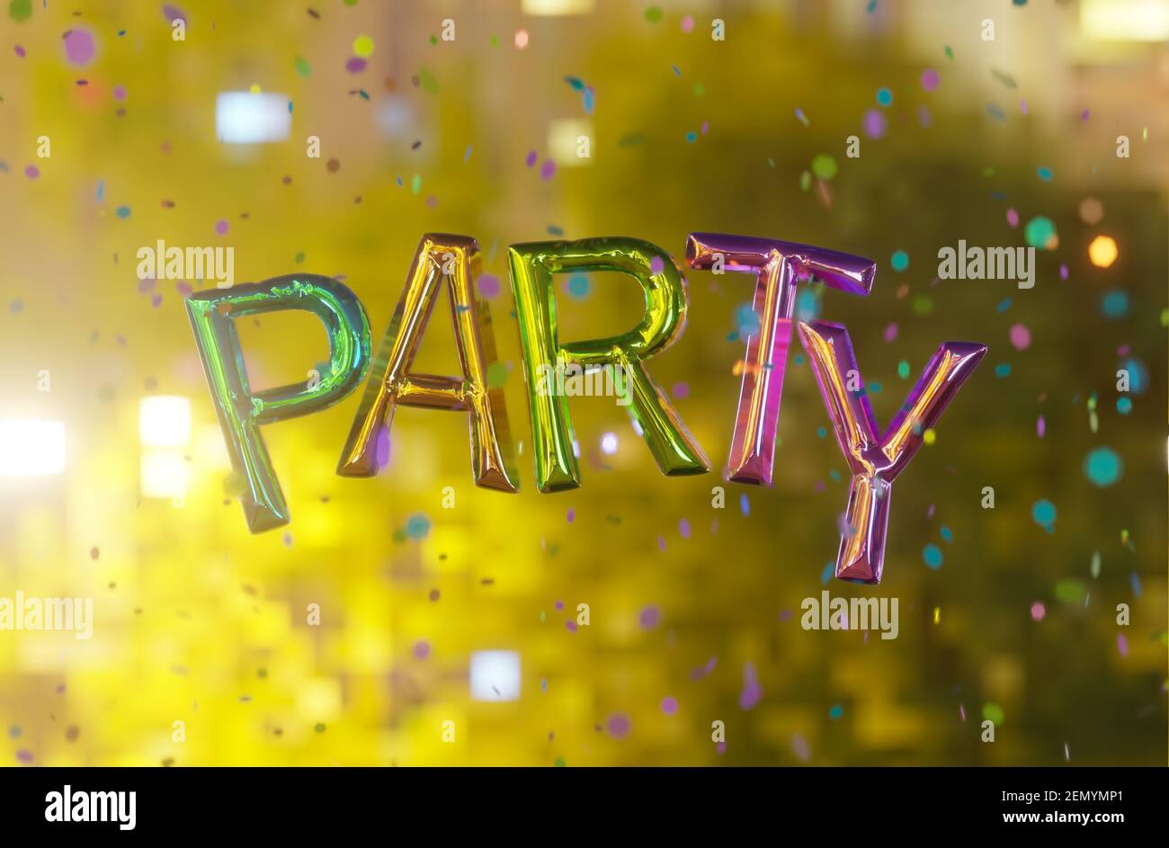 Balloon sign with the word "PARTY" with shiny confetti falling on a ...
