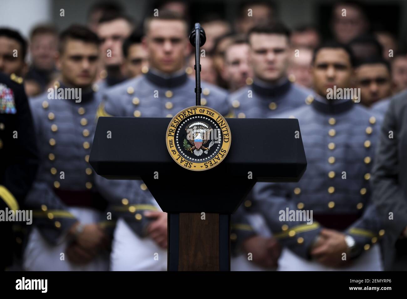 The Podium with the Presidential Seal is seen as the U.S. Military ...