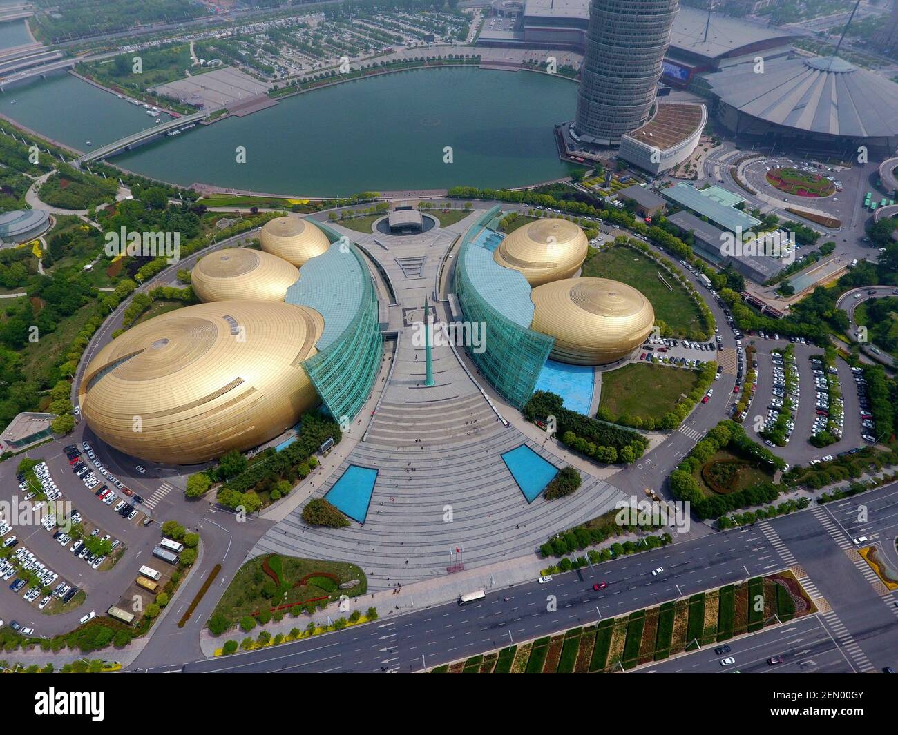 Aerial view of the building complex of Henan Art Center in Zhengzhou ...