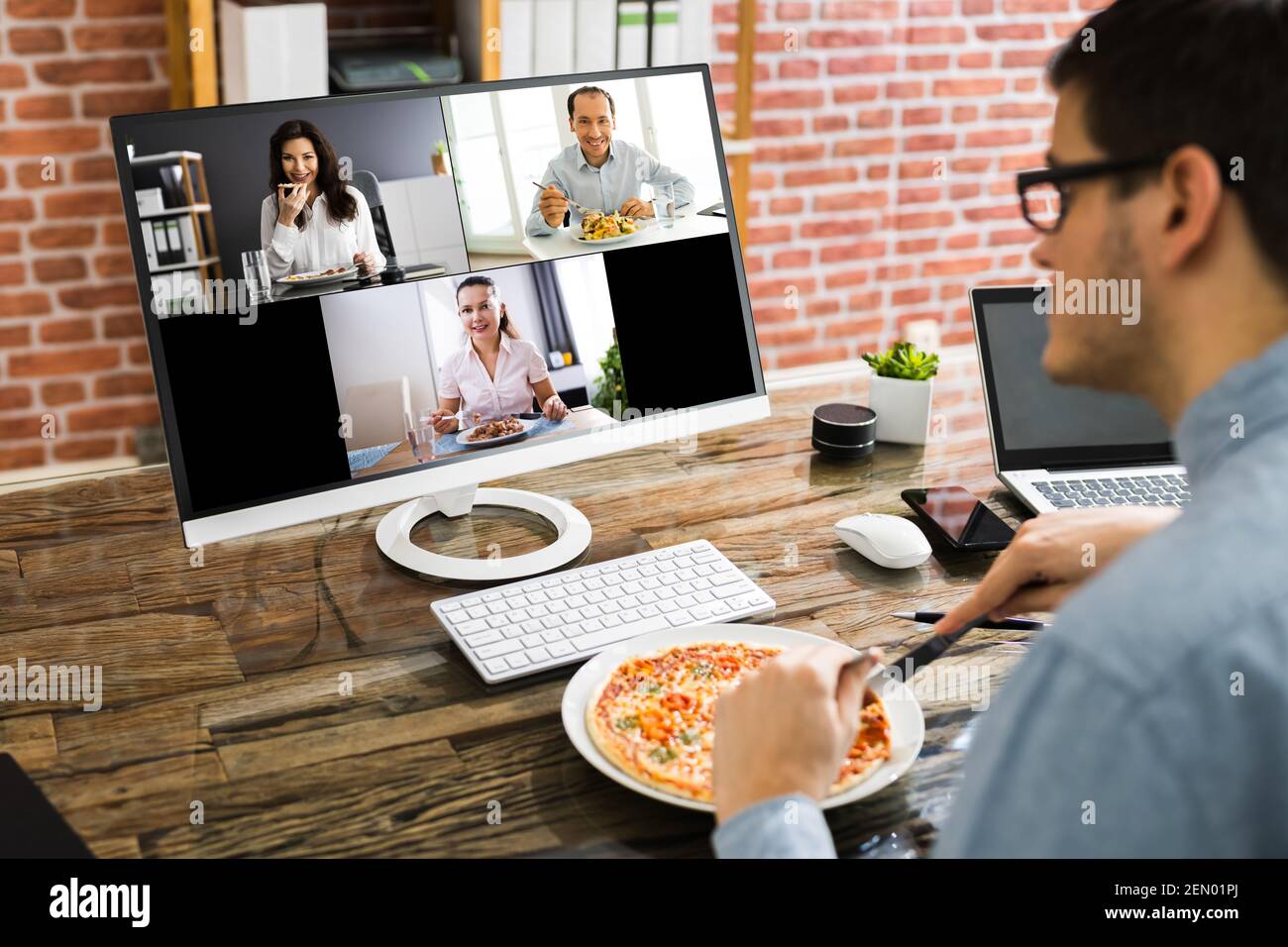 Virtual Office Video Conference Eating Party Or Break Stock Photo - Alamy