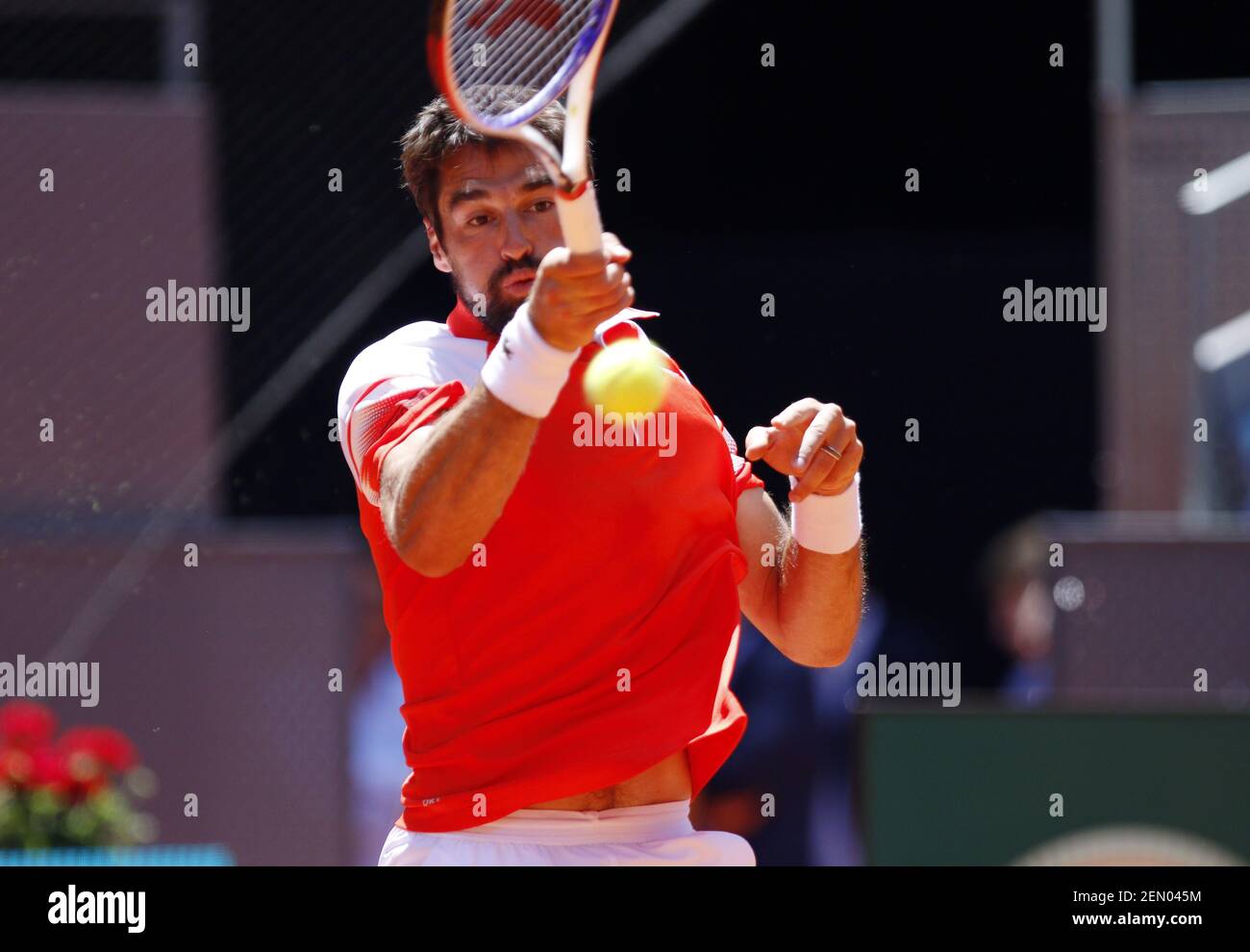 Jeremy Chardy of France seen in action against Novak Djokovic of Serbia ...