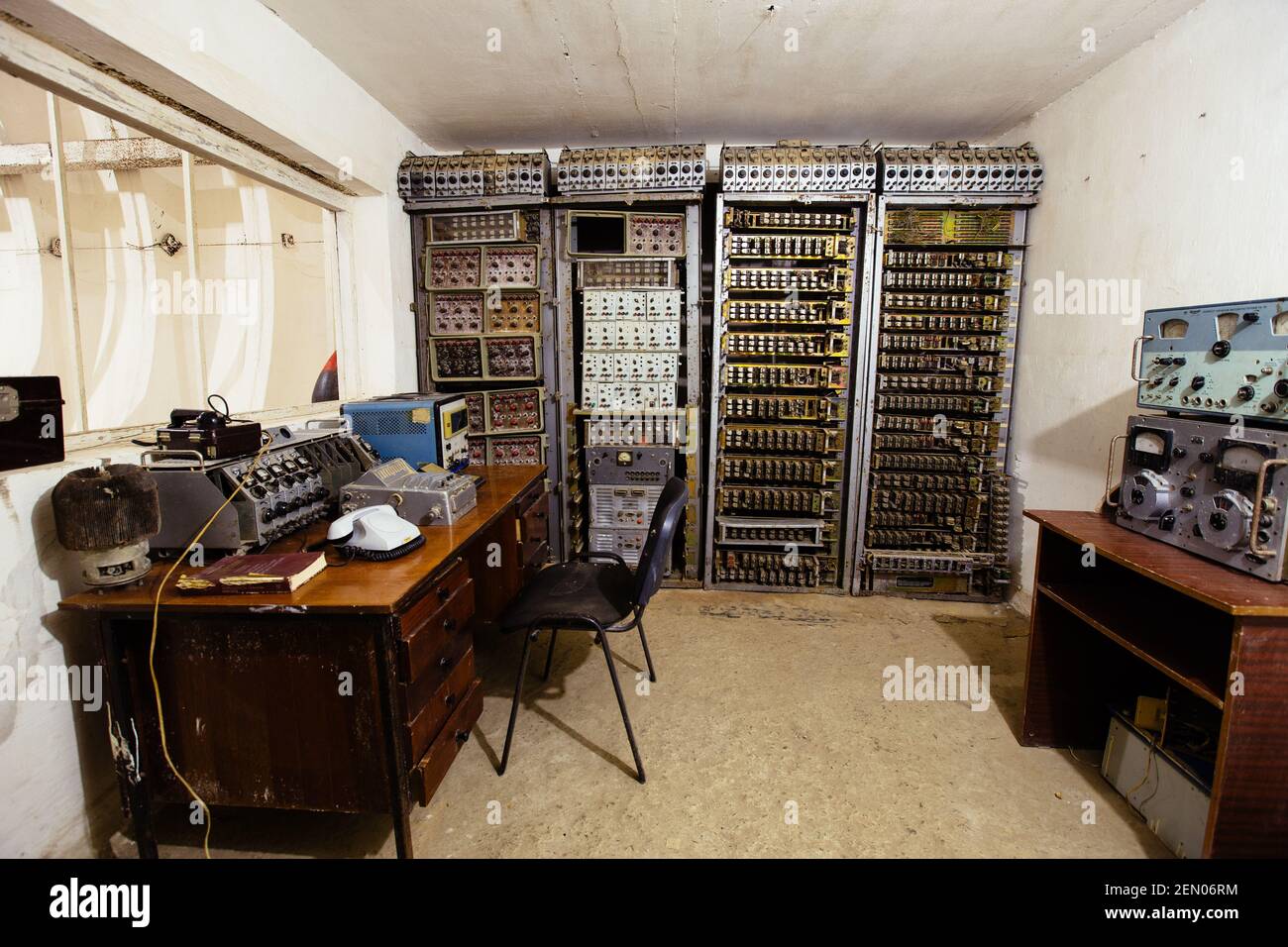 Old communication equipment in underground Soviet bunker Stock Photo ...