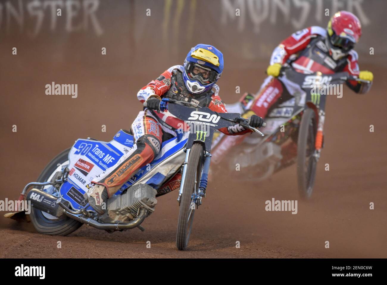 Leon Madsen of Denmark on the track in heat 18 during the 2019 Monster ...