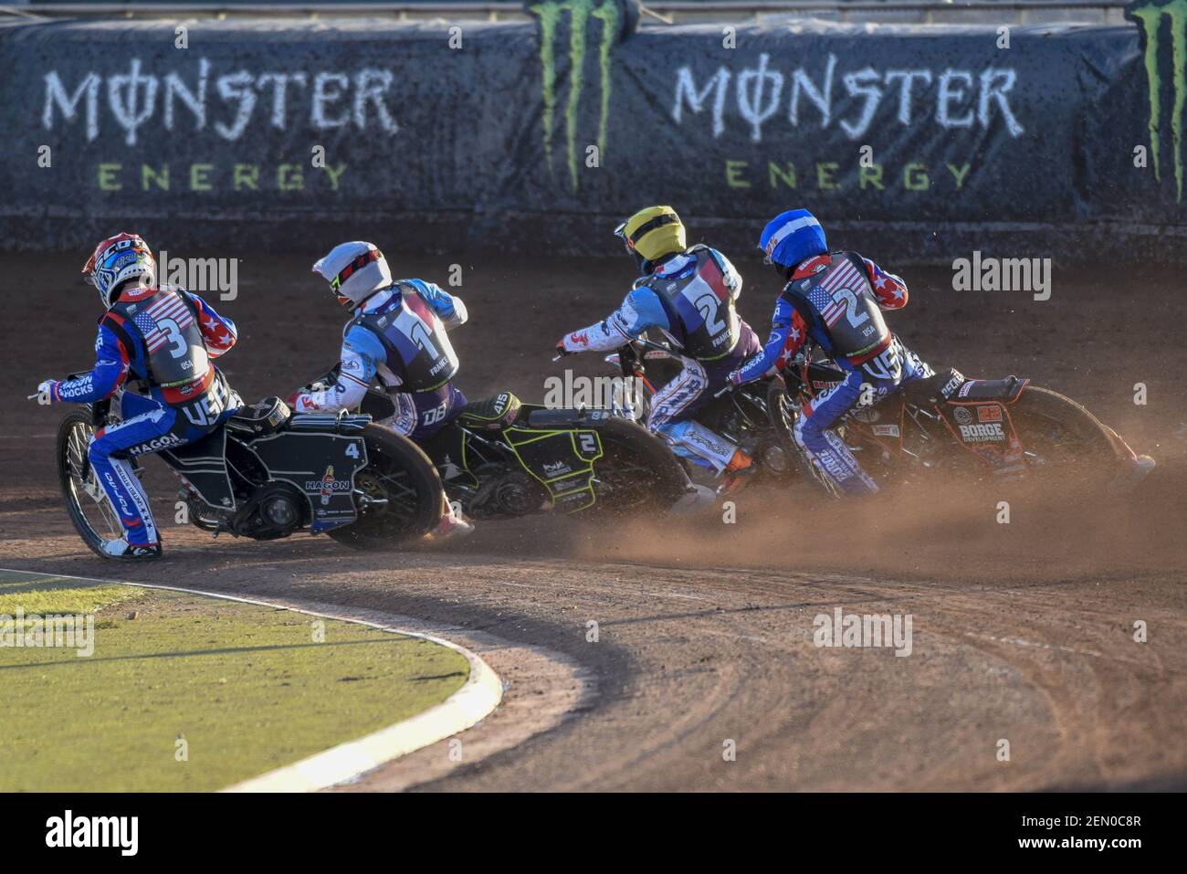 Speedway riders in action in heat 7 during the 2019 Monster Energy FIM ...