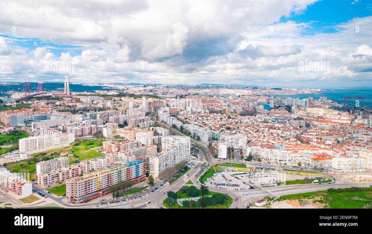 Aerial view of panoramic cityscape of Almada city, Almada, Portugal, 25 ...