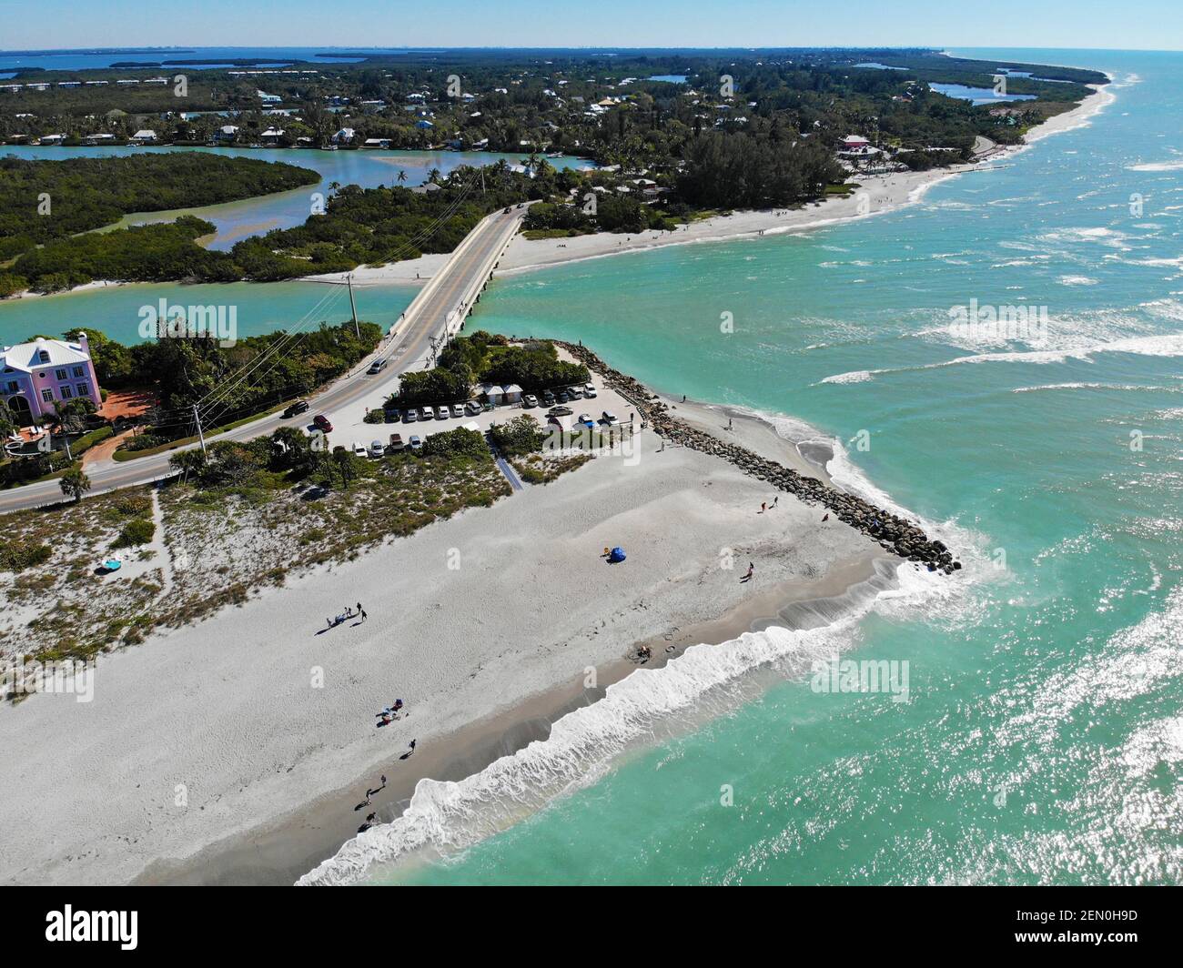 Aerial view of the road bridge between Captiva Island and Sanibel ...