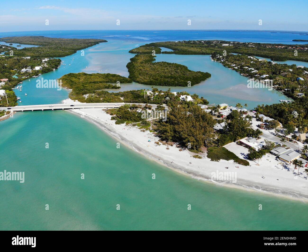 Aerial view of the road bridge between Captiva Island and Sanibel ...